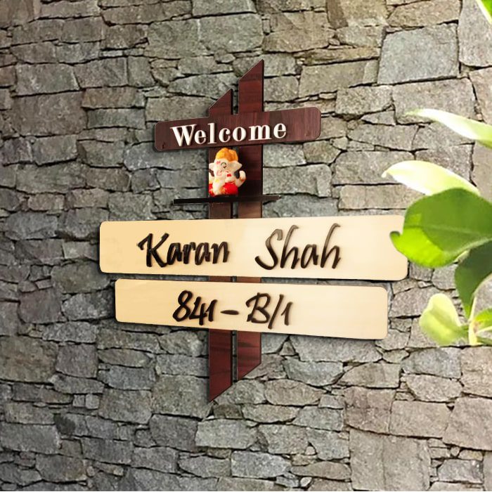 Aagman – Ganesha wooden name plate – Zoci Voci